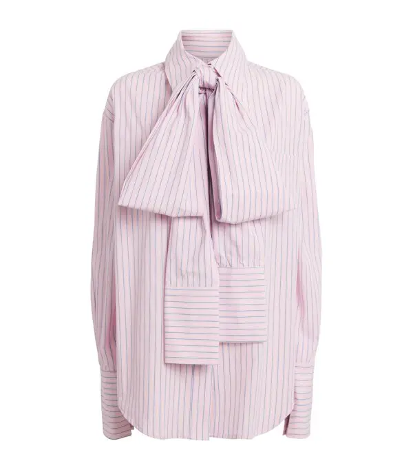 LATE FOR WORK Striped Pussybow Cotton-blend Shirt