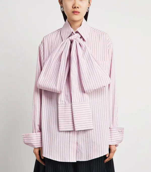 LATE FOR WORK Striped Pussybow Cotton-blend Shirt