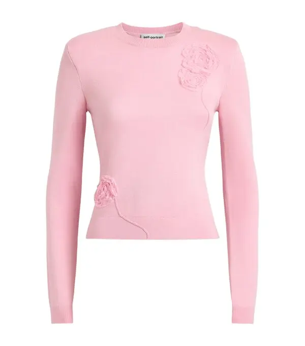 SELF-PORTRAIT Flower Appliqué Fine Knit Sweater