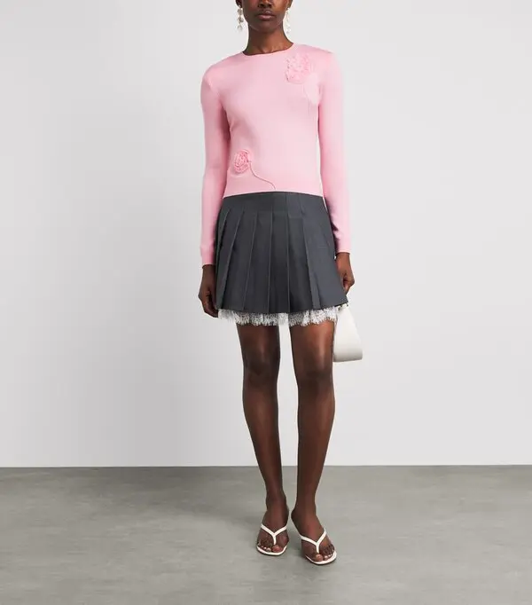 SELF-PORTRAIT Flower Appliqué Fine Knit Sweater