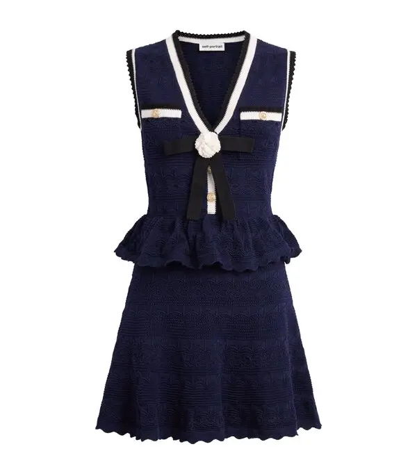 SELF-PORTRAIT Knitted Pointelle Mini Dress With Crochet And Bow Detail