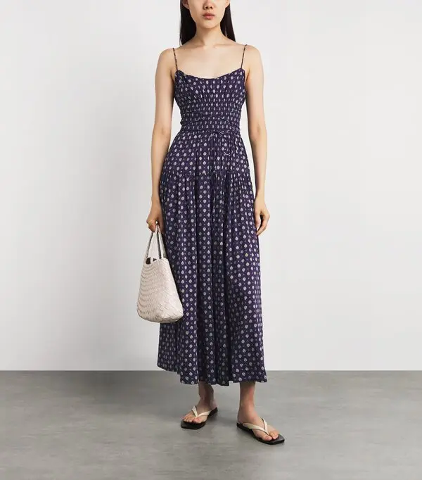 DÔEN Cotton-silk Safia Printed Midi Dress - Navy