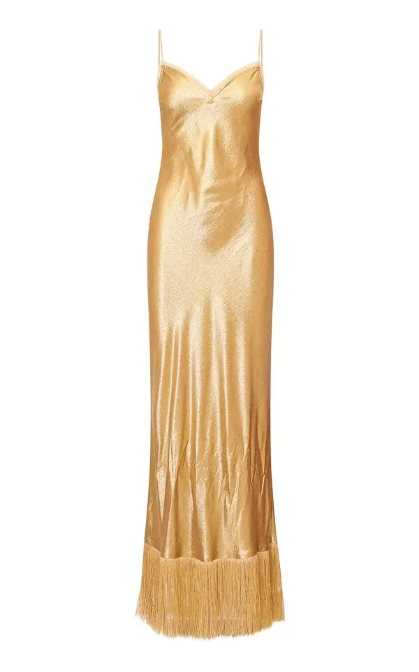 LoveShackFancy Odezza Metallic Fringe Maxi Dress - Gold