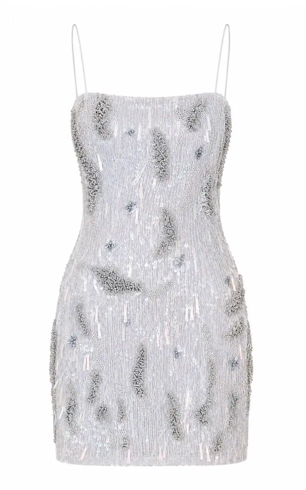 LoveShackFancy Amrelle Beaded Mini Dress - Silver
