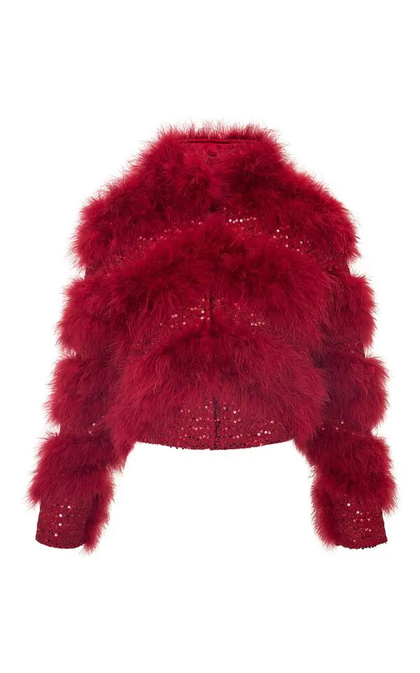 LoveShackFancy Curran Fur And Sequined Jacket - Red