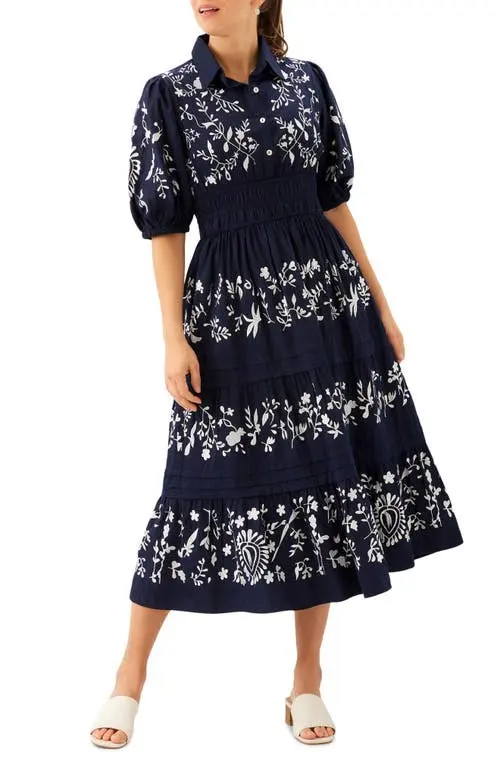 Karen Kane Embroidered Puff Sleeve Tiered Midi Dress - Navy