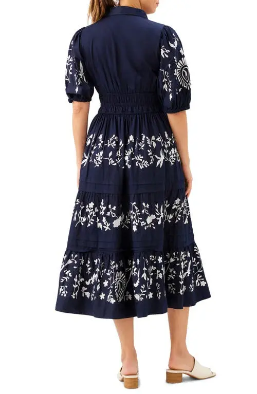 Karen Kane Embroidered Puff Sleeve Tiered Midi Dress