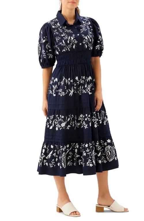 Karen Kane Embroidered Puff Sleeve Tiered Midi Dress