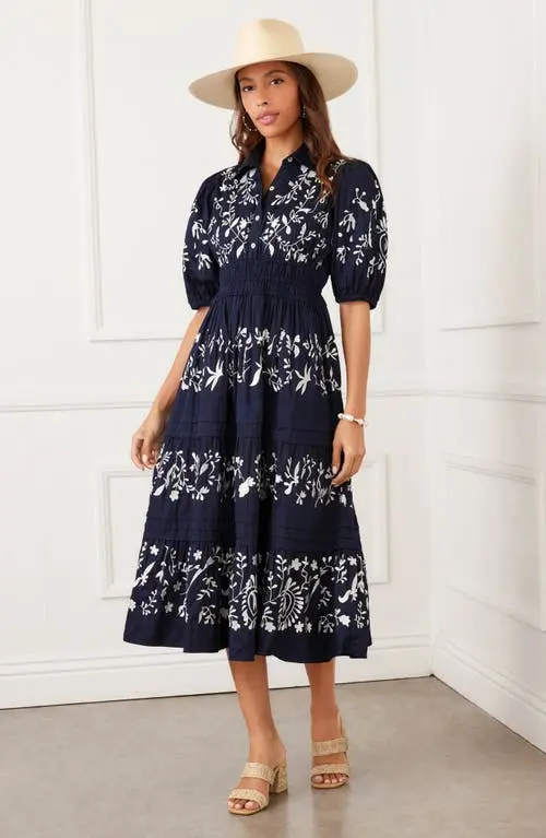 Karen Kane Embroidered Puff Sleeve Tiered Midi Dress