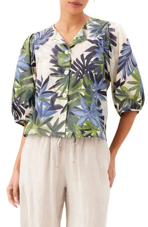 Karen Kane Puff Sleeve Peony Cotton Button-up Shirt - Print