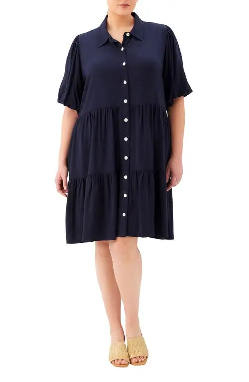 Karen Kane Tiered Puff Sleeve Shirtdress - Navy