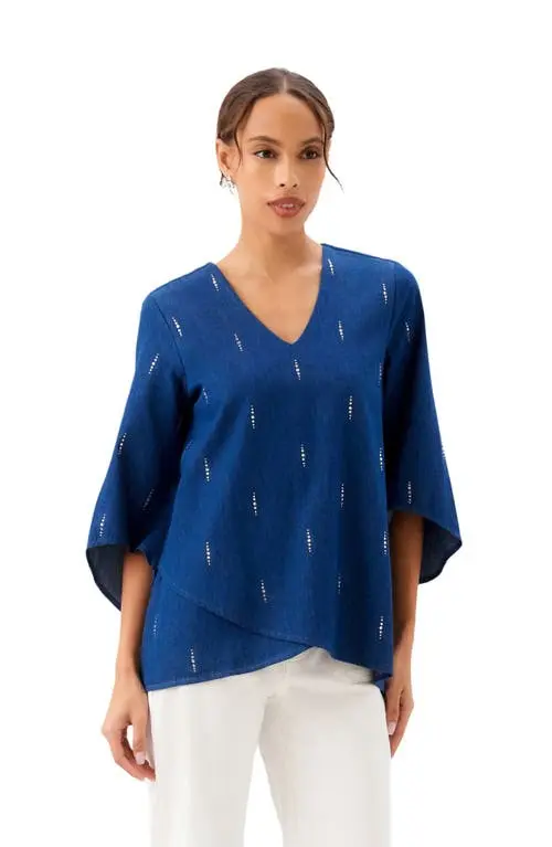 Karen Kane Embellished Asymmetric Hem Chambray Top