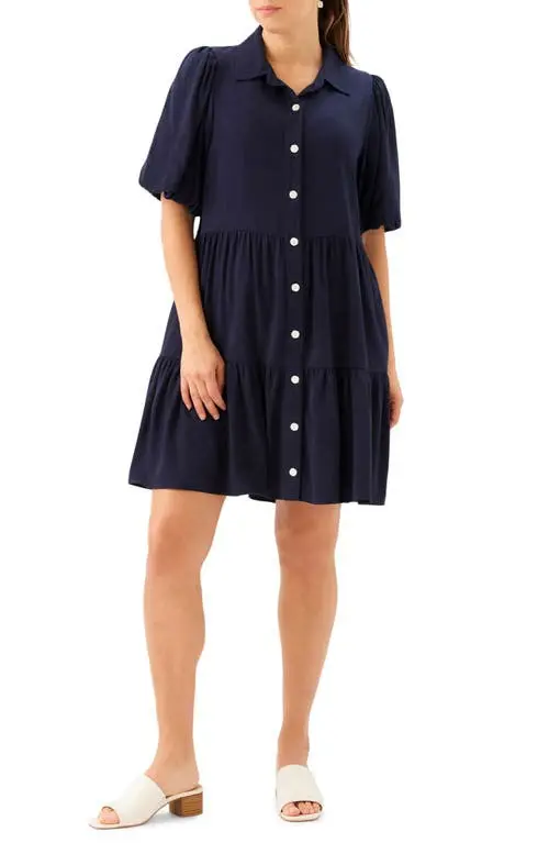 Karen Kane Tiered Puff Sleeve Shirtdress - Navy