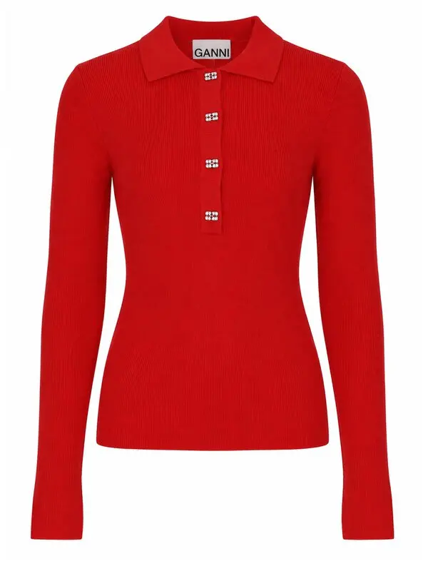 GANNI Ribbed Wool Polo Shirt With Embellished Buttons - Red