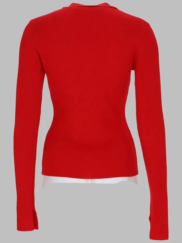GANNI Ribbed Wool Polo Shirt With Embellished Buttons - Red