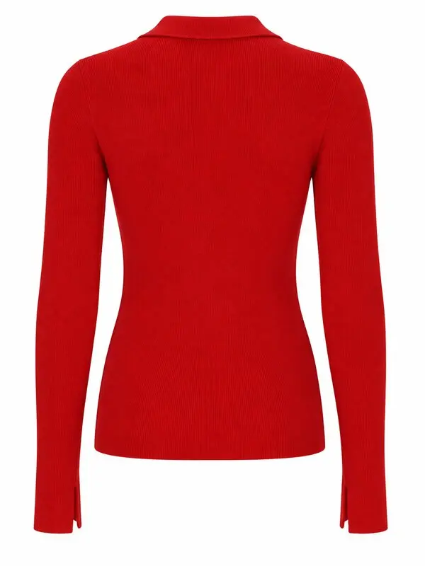 GANNI Ribbed Wool Polo Shirt With Embellished Buttons - Red