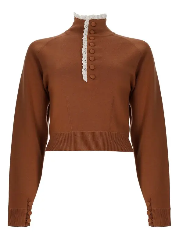 Chloé High Neck Wool And Lace Pullover - Brown