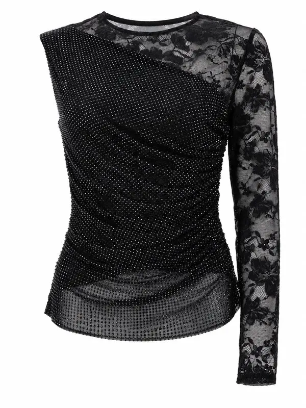 SELF-PORTRAIT Top Monospalla Con Strass E Pizzo - Black