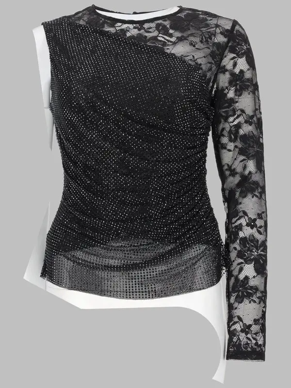 SELF-PORTRAIT Top Monospalla Con Strass E Pizzo