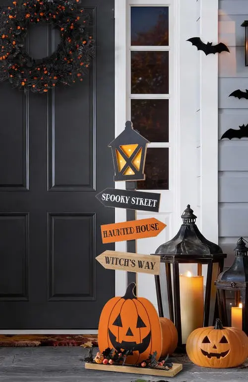 GLITZHOM Halloween Lighted Wooden Jack-o-lantern Lamp Post Porch Decor With Timer