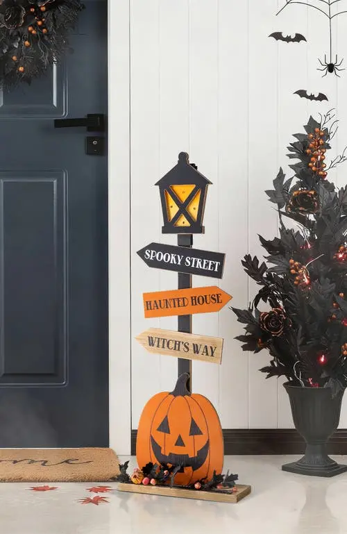 GLITZHOM Halloween Lighted Wooden Jack-o-lantern Lamp Post Porch Decor With Timer