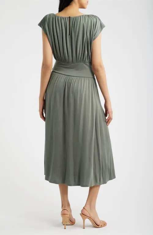 Loveappella Cap Sleeve Ruched Midi Dress - Olive