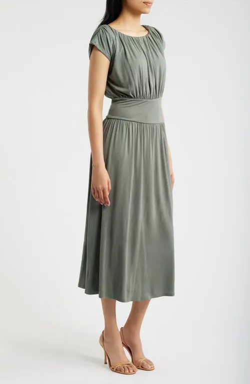 Loveappella Cap Sleeve Ruched Midi Dress - Olive