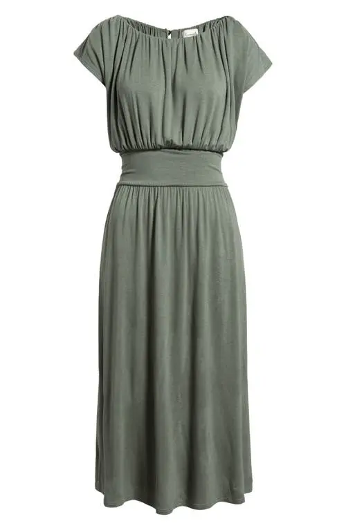 Loveappella Cap Sleeve Ruched Midi Dress - Olive