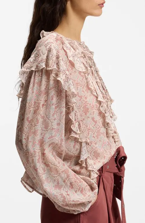 Hugo Boss Paisley Ruffle Blouse With Criss-cross Tie
