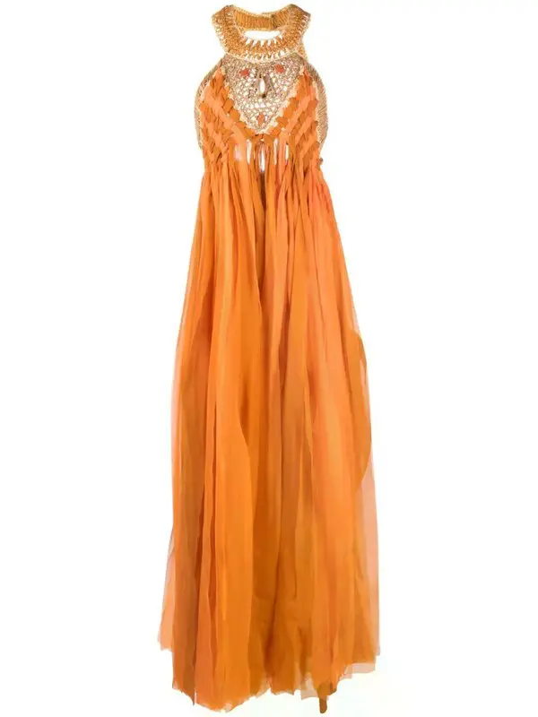 Alberta Ferretti Stone-embellished Fringed Maxi Dress - Orange
