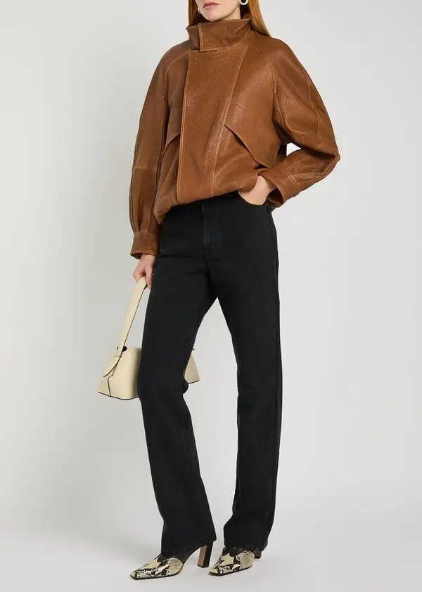 Nour Hammour Panelled Grained Leather Bomber Jacket - Brown