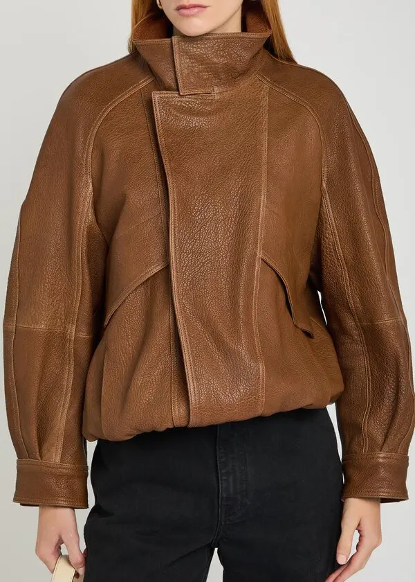Nour Hammour Panelled Grained Leather Bomber Jacket - Brown