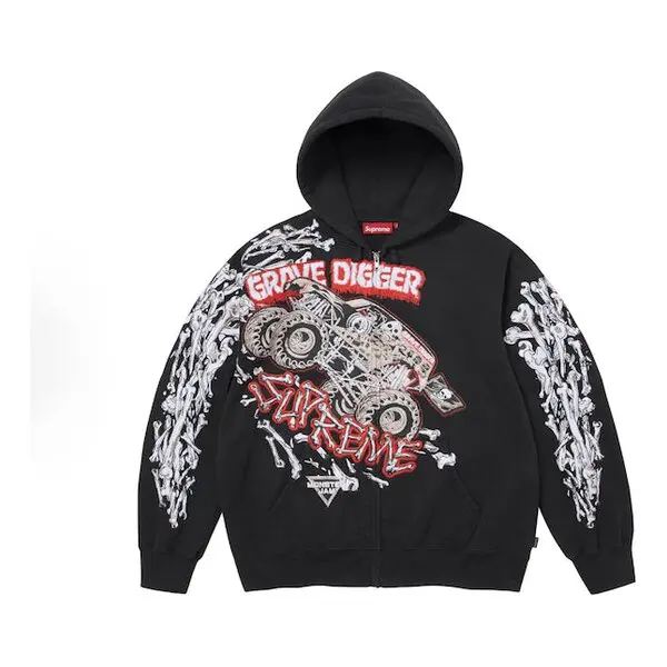 Supreme X Grave Digger Bones Zip Up Hooded Sweatshirt - Black