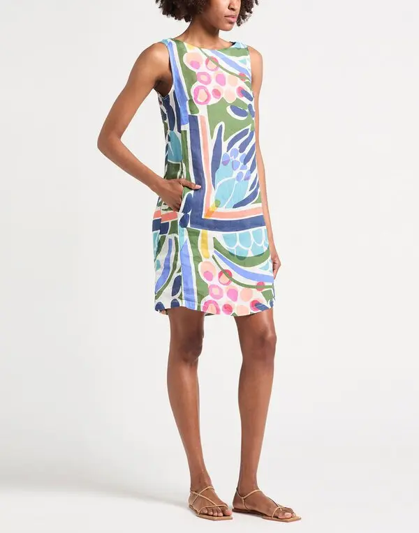 120% Lino Linen Multicolor Scoop Neck Mini Dress