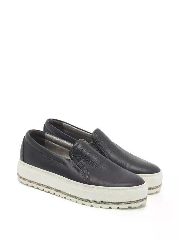 Brunello Cucinelli Black Leather Monili Chain Embellished Slip-on Sneakers - Grey