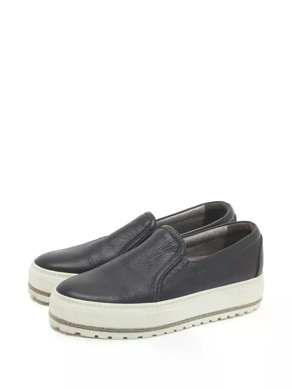Brunello Cucinelli Black Leather Monili Chain Embellished Slip-on Sneakers