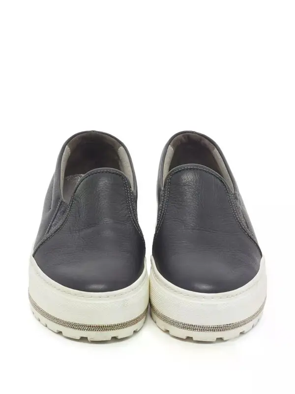 Brunello Cucinelli Black Leather Monili Chain Embellished Slip-on Sneakers
