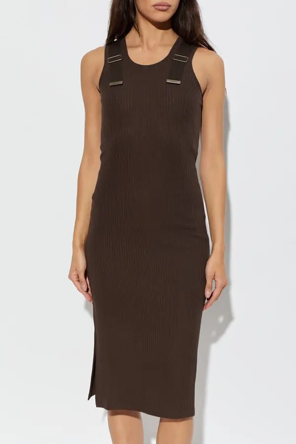 Loewe Ribbed Midi Dress With Slit And Metallic Appliqu