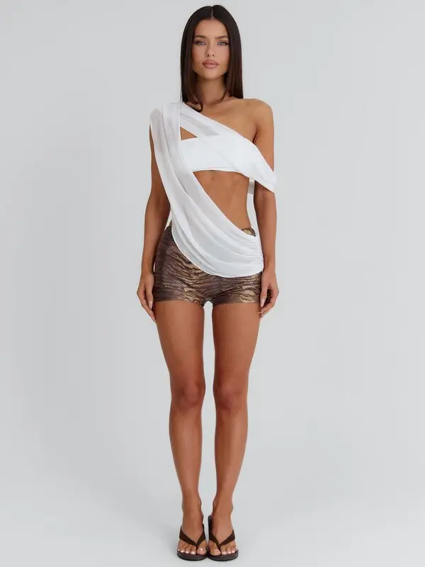 OUTCAST Sylvee Crop Top Asymmetrical Draped Mesh