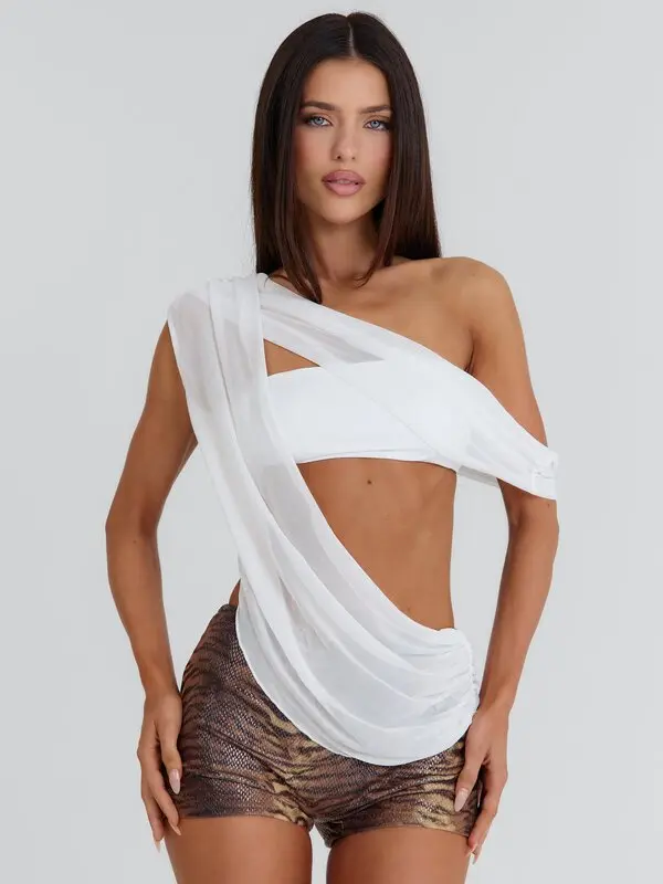 OUTCAST Sylvee Crop Top Asymmetrical Draped Mesh