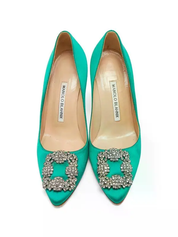 Manolo Blahnik Satin Crystal-embellished Pointed Toe Stiletto Heel Pumps - Green