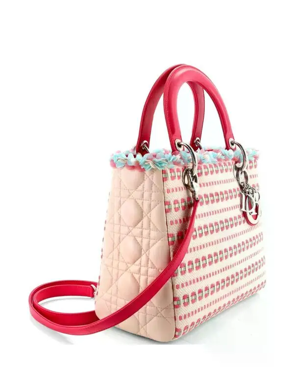 Dior Lady Bag Woven Tweed With Cannage Quilt Lambskin Tote Bag - Pink