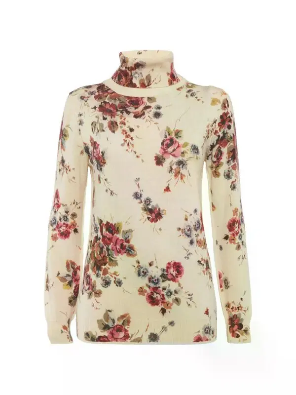 Dolce & Gabbana Beige Wool Floral Print Roll Neck Sweater