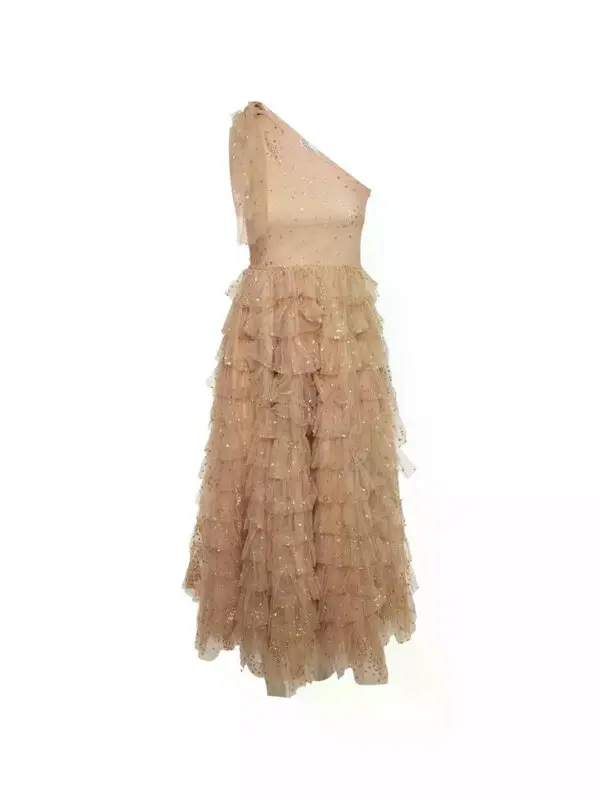 Red Valentino One-shoulder Tiered Midi Dress With Glitter Detail