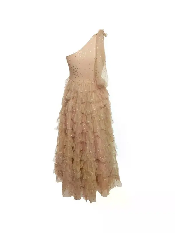 Red Valentino One-shoulder Tiered Midi Dress With Glitter Detail
