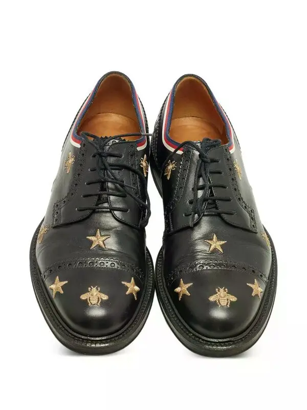 Gucci Leather Star And Bee Embroidered Derby Shoes