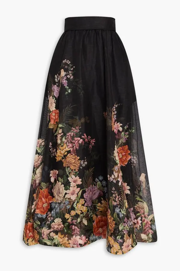 Zimmermann Floral-print Linen And Silk-blend Organza Midi Dress - Black