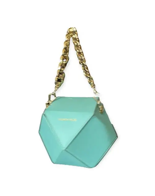 JAUSHINA NICOLE Tetra Top Handle Bag With Gold Tone Chain Strap - Turquoise