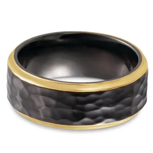 ALLUREZ 18k Yellow Gold Pvd And Black Hammered Wedding Band