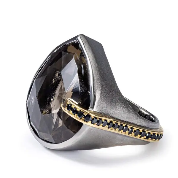 GERMAN KABIRSKI Nexor Singular Edition Silver Ring With Smoky Quartz And Black Spinel - Brown